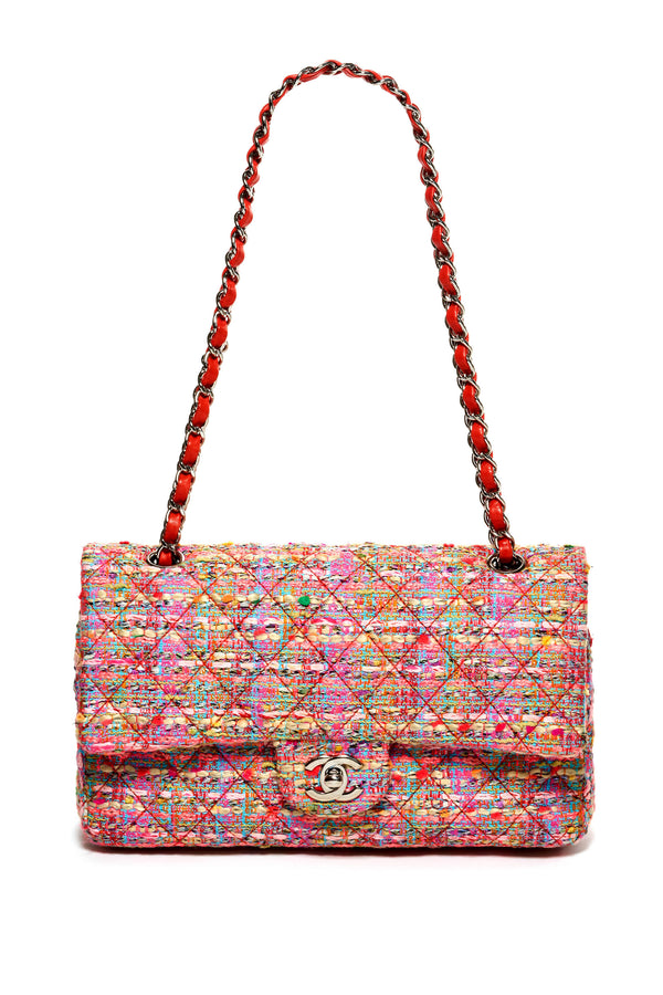 Chanel Tweed Pink Orange and Teal Double Flap Purse - Foxy Couture Carmel