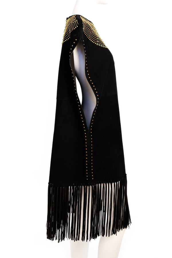 Valentino Spa Black Studded Cape With Fringe Trim - Foxy Couture Carmel